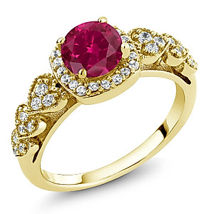 Gem Stone King 18K Yellow Gold Plated Silver Red Created Ruby Women's Engagement Ring (1.32 Ct Round) (Size 6)