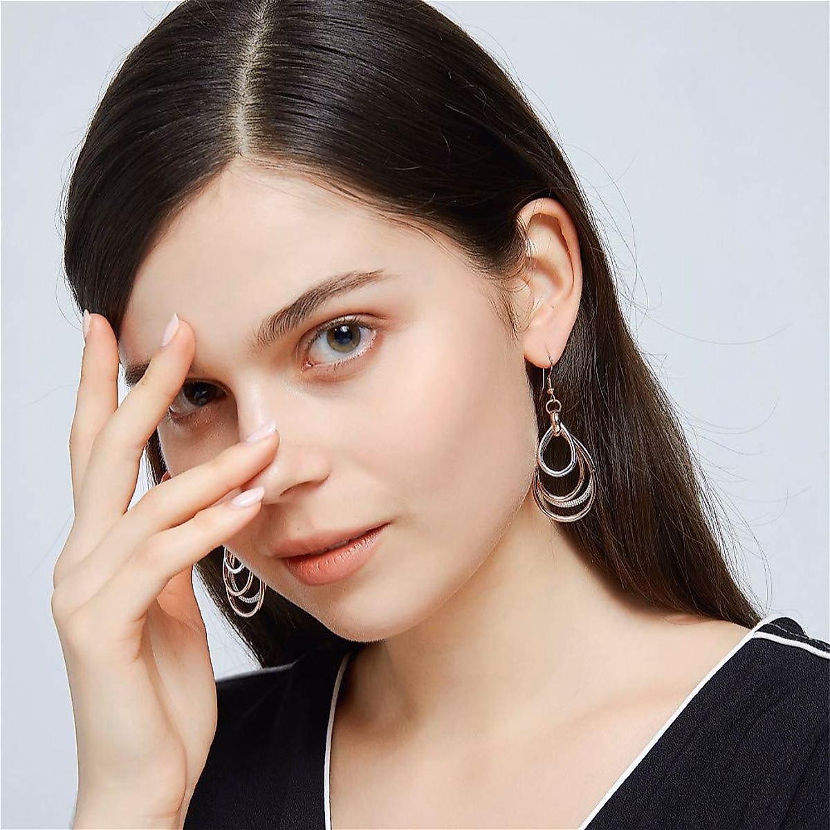 Kemstone Two Tone Rose Gold and Silver Multilayer Dangling Earring for Woman, 2.4 Inches