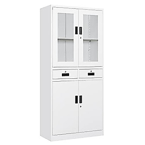 PEUKC Kitchen Pantry Cabinet, 71" Freestanding Kitchen Pantry Storage Cabinet with Drawer and Adjustable Shelves, Metal Tall Pantry Cabinet Cupborad with Glasses Doors, White