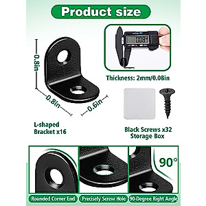 16PCS L Bracket Stainless Steel Corner Brace, Premium 90 Degree Right Angle Shelves Brackets, Small Black Metal L Corner Brackets for Wood Drawer Cabinet Furniture with 32 Pcs Screws (0.79x 0.79 inch)
