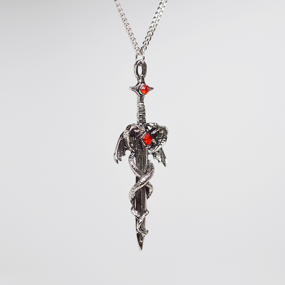 Dragons Wrapped Around Sword Medieval Renaissance Silver Finish Pendant Necklace