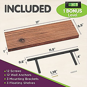 JAWU Floating Shelves Wood 3 Pack - 17 x 5.5in | Wood Shelf Wall | Rustic Floating Shelf Wall Shelf | Wooden Floating Shelves Wall Display Shelf | Rustic Floating Shelves for Wall | Wooden Shelves |