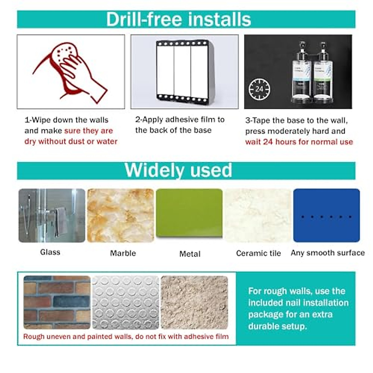 FANYX Shampoo and Conditioner Dispenser Wall Mount Set, Shower Dispenser 3 Chamber No Drill,17 Oz Refillable Shower Soap Dispenser Wall Mounted for Bathroom (Amber)