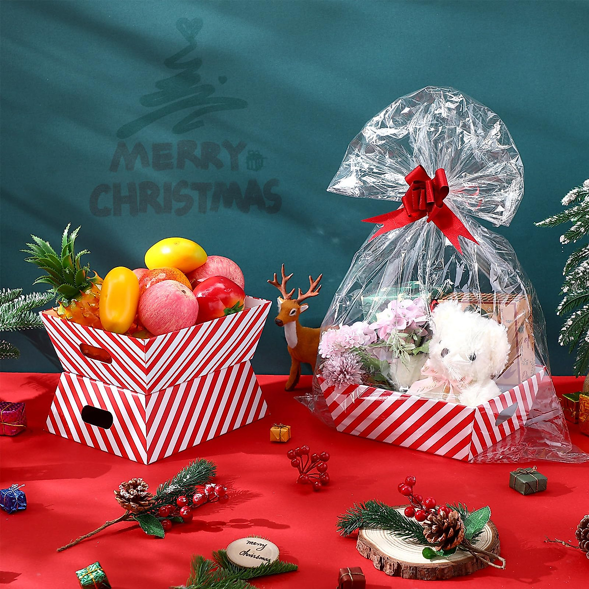 Wonderjune 12 Pcs Christmas Basket for Gifts Empty Set 9.8 x 8.3'' Large Empty Gifts Baskets to Fill,Red Candy Stripe Cardboard Basket with Handles Bows Plastic Bags for Xmas Party Holiday Decor