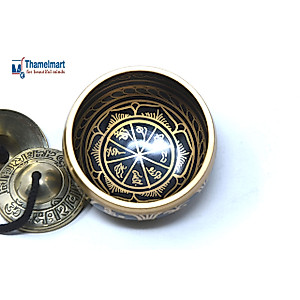 3.75" Exquisite Tibetan Singing Bowl Set for Meditation ~ Mantra Symbols Painted ~ Om Nava Sivaya Tingsha Cymbals~ Silk Cushion & Wooden Mallet Included ~Handmade in Nepal by Thamelmart