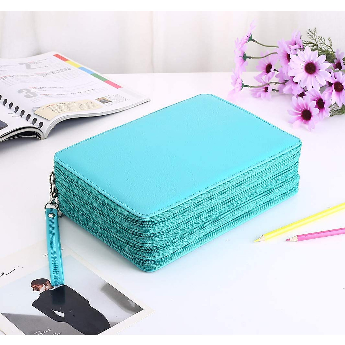 Shulaner 200 Slots Colored Pencil Case Organizer with Zipper PU Leather Large Capacity Pen Holder Bag (Lake Blue)