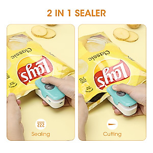 Aieve Bag Sealer Mini, 2 in 1 Bag Sealer Heat Seal with Cutter, USB-C Rechargeable Bag Sealer with Magnetic Back, Handheld Bag Sealer Mini for Plastic Bags Snacks and Food Storage, Blue