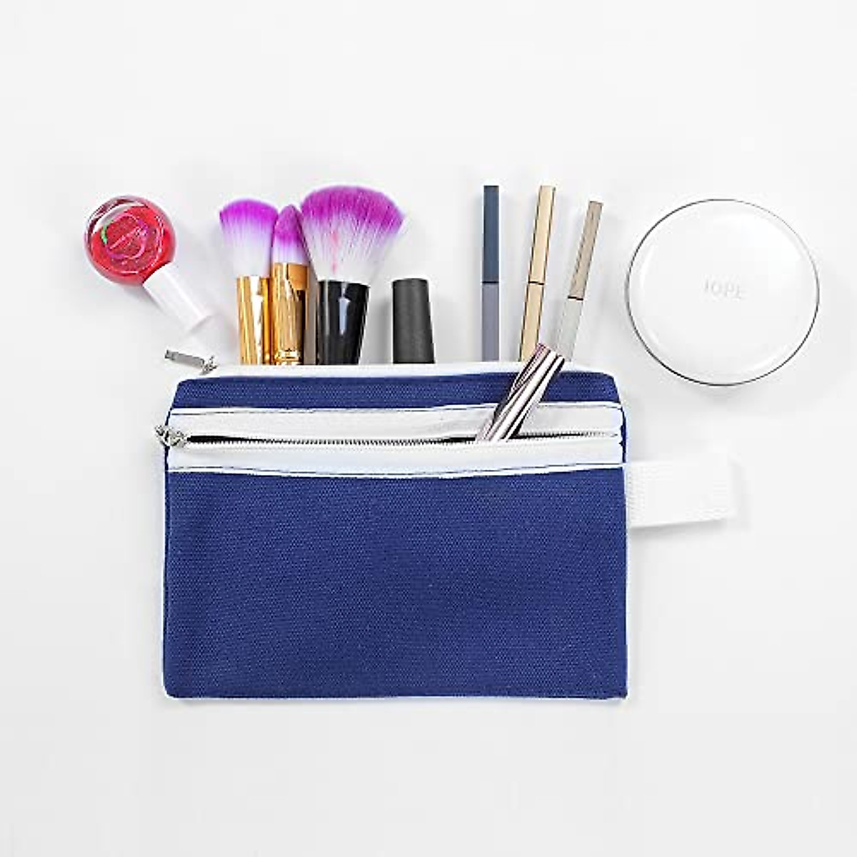 2 Pack 7 x 5 Inch Multipurpose Zippered Bags with 2 Compartments, Tools Keys Pens Small Gadgets Pouches, Smartphone Accessories Organizer, Cotton Canvas Water Resistant, Travel Office Outdoor, Navy