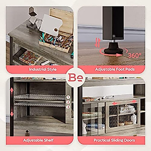 Bestier LED Buffet Sideboard, Farmhouse Storage Cabinet with Sliding Door, Open Compartment, Wood Coffee Bar Wine Bar with Adjustable Shelves - Grey
