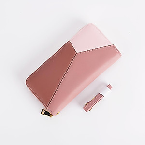 OYATON Wallet for Women - Large Faux Leather Women's Zipper Wristlet Wallet with Detachable Strap - Long Clutch Wallet with Cell Phone Pocket (Pink Red)