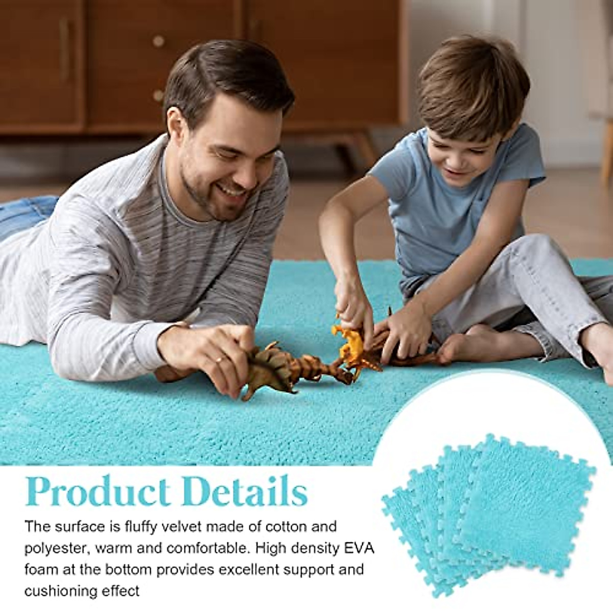 100 Tiles Interlocking Carpet Tiles Soft Fluffy Baby Play Mat Short Coral Fleece Foam Puzzle Floor Mats for Children Kids Toddler Play Area Home Bedroom Parlor (Lake Blue)