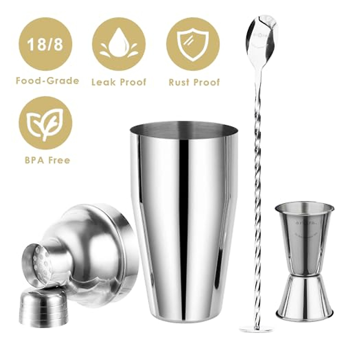 Arora 24OZ Cocktail Shaker Mixer Set, 3Pcs Bar Acccessories Including Martini Shaker, Long Handle Mixing Stirring Spoon, Cocktail Jigger for Bartending, Ideal Mixology Bartender Kit Home Bar Gift