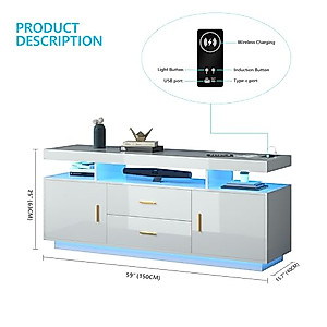 LVSOMT High Gloss Entertainment Center White with 3-Colors Lighting, LED Modern TV Stand for 65+ inch TV, Home Storage Cabinet, Console Media Cabinet for Living Room (Pearl White)