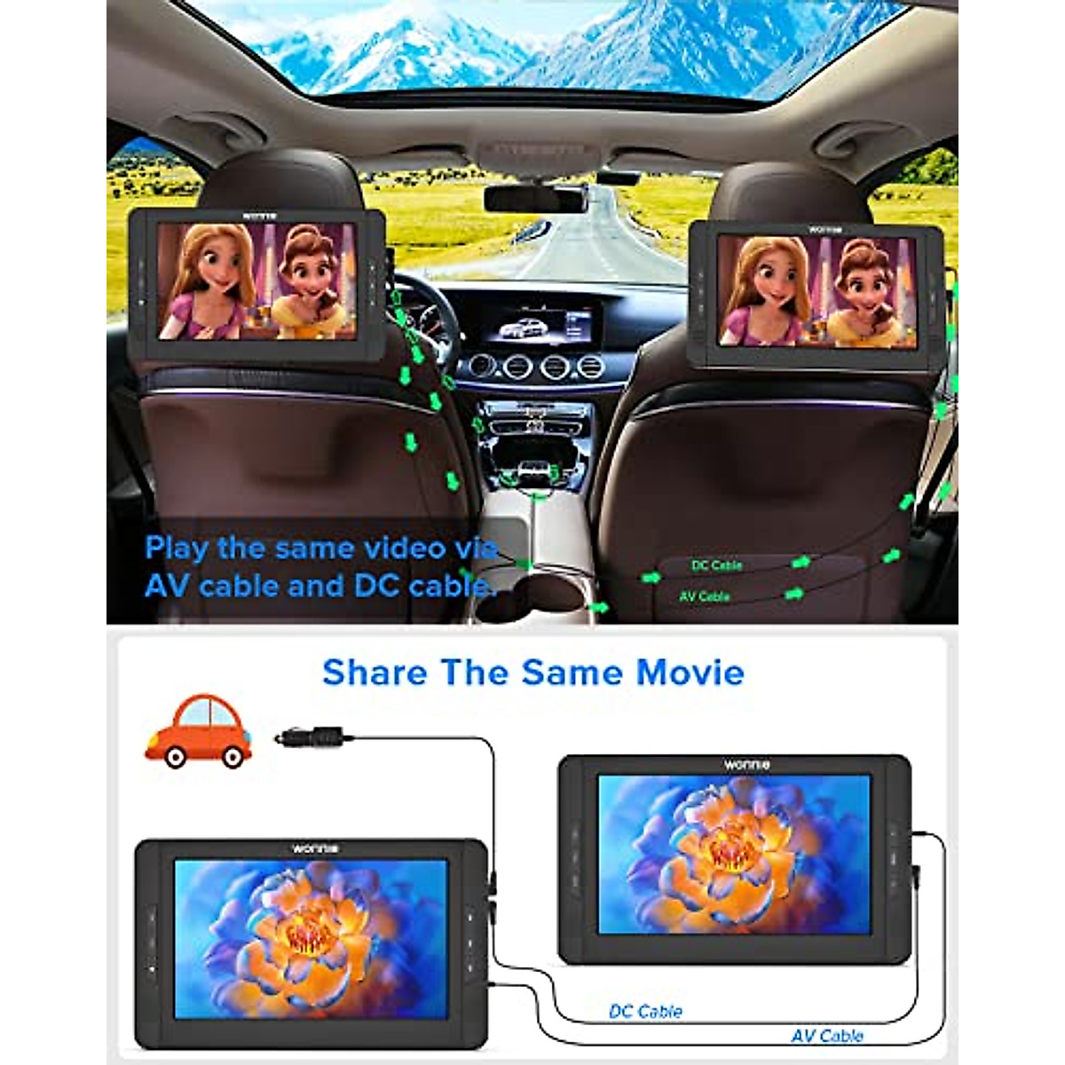 WONNIE 10.5" Dual Portable DVD Player for Car, Headrest Kids CD Players with Two Headphones Built-in 5 Hours Rechargeable Battery, Support USB/SD/MMC,AV Out & in,Regions Free (1 Player+1 Monitor)