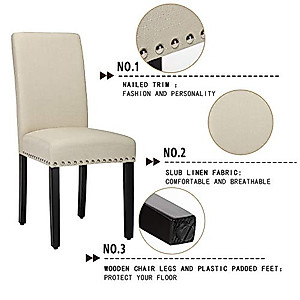 LSSBOUGHT Upholstered Dining Chairs with Solid Wood Legs and Nailed Trim Set of 4 (Beige)