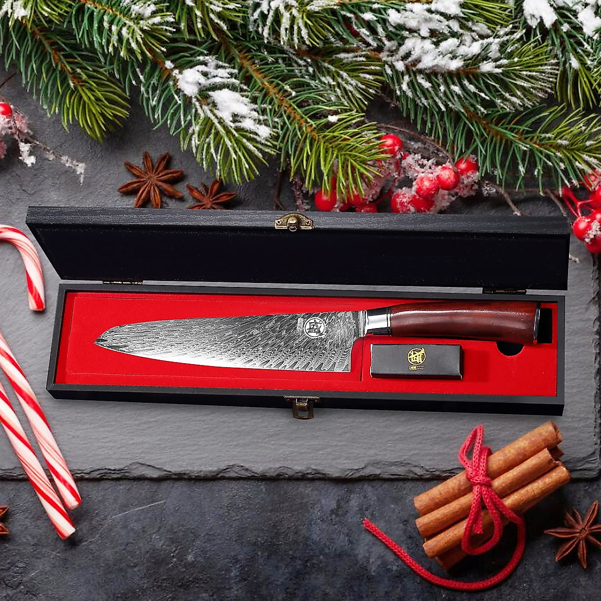 MITSUMOTO SAKARI 7.5 inch Japanese Damascus Chef Knife, 67-Layer Hand Forged VG-10 Damascus Santoku Knives, Professional Japanese Kitchen Meat Sushi Knife (Kotan Wood Handle & Gift Box)