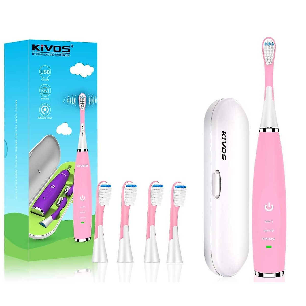 KIVOS 4 Replacement Heads and 1 Case, Children Electric Toothbrush Ultrasonic Kids Sonic Powered Brush, 30 Days, IPX6 Waterproof,Travel Container (Pink)