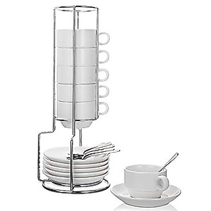 AOZITA Espresso Cups and Saucers with Espresso Spoons, Stand Rack, 19-piece Porcelain Stackable Espresso Mugs, 2.5-Ounce Demitasse Cups for Espresso, Latte, Cafe Mocha