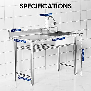 Stainless Steel Utility Sink, Single Bowl Free Standing Kitchen Sink with Faucet & Workbench, Topmount Kitchen Sink for Farmhouse, Bathroom, Bar, Laundry Room (47.24 * 23.62 * 31.5inch)