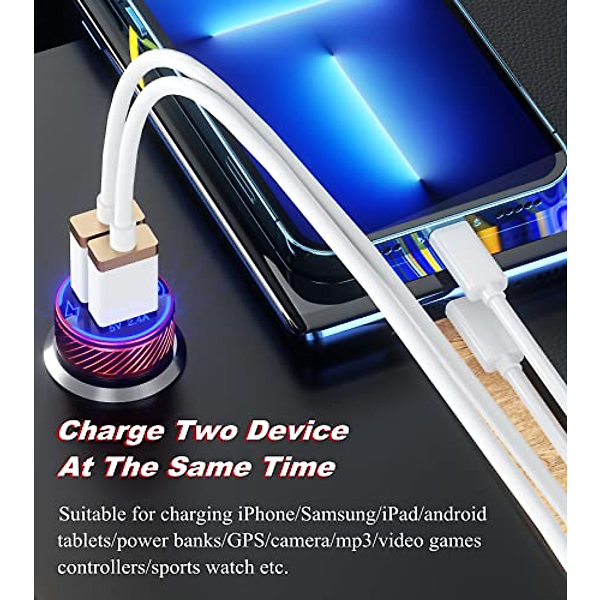 【2Pack】 USB Car Charger, Dual USB Port Car Charger Adapter, 5V/4.8A Charge Car Phone Charger with Blue LED & Touch Switch Fit for iPhone 13/12 Pro/Max/8, Galaxy S21/20/10/9 (Red)