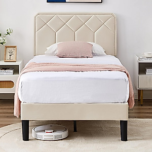 VECELO Twin Size Bed Frame Premium Leather Upholstered Platform with Height Adjustable Headboard/Mattress Foundation, Solid Wooden Slat Support, No Box Spring Needed/Easy Assembly