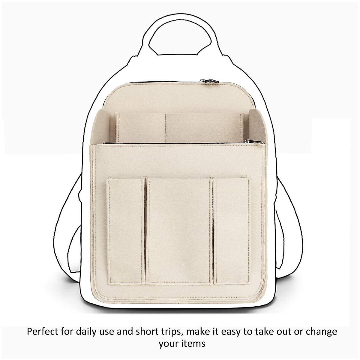 APSOONSELL Large Backpack Organizer Insert Felt Bag Organizer with Zipper Backpack Shaper Foldable Tote Organizer for Rucksack Shoulder Bag, Beige, XL