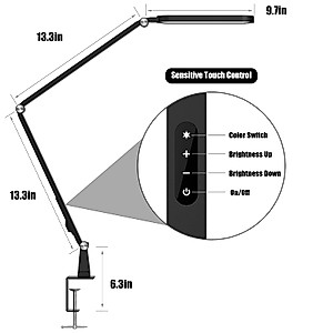 LED Desk Lamp,JKSWT Eye-Caring Adjustable Swing Arm Desk Light with Clamp,72 Led,5 Color Modes,5 Brightness Levels Table Lamp, Office Lamp with Memory Function and Touch Control,Black