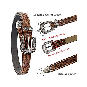 TOPACC Girls Western Belts for Women Brown Cowgirl Belt Cowboy Floral Embossed Thin Skinny Belt for Jeans Dresses Country Concert Outfit