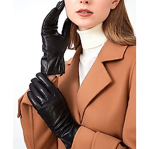 ZLUXURQ Luxury Italian Soft Leather Gloves for Women in Black - Genuine SheepSkin Leather Women’s Cold Weather Gloves Fleece Lined