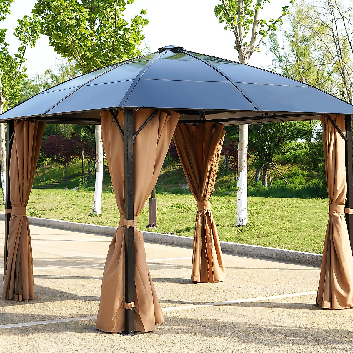 PHI VILLA 10' x 10' Hardtop Gazebo Outdoor Pavilion Tents Metal Frame Curved Roof Patio Gazebo with Netting and Curtains for Parties,Patio, Garden, Lawn(Brown)