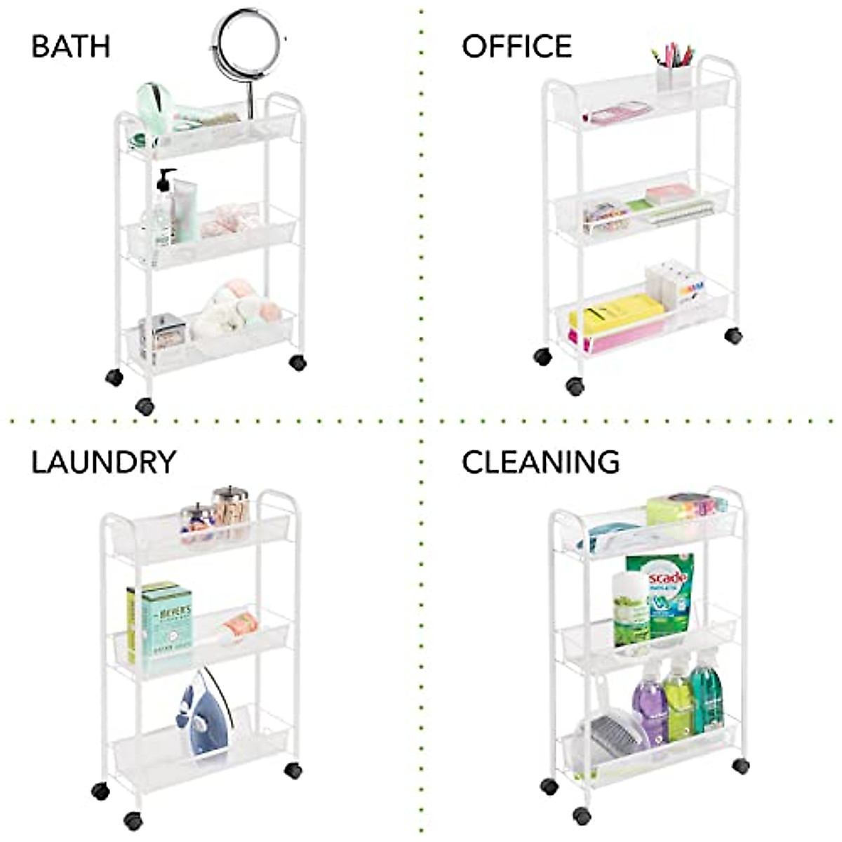 mDesign Steel Rolling Utility Cart Storage Organizer Trolley with 3 Basket Shelves for Laundry Room, Mudroom, Garage, Bathroom Organization - Holds Detergents, Hand Soap - Biro Collection, White