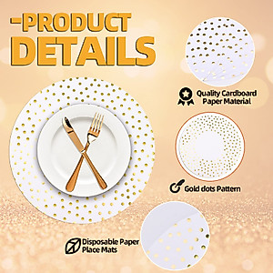 50 Pcs 14 Inch White and Gold Foil Paper Place Mats Golden Polka Dots Round Placemats Disposable Decorative Table Mats for Wedding Banquet Party Home Dining Table Decor
