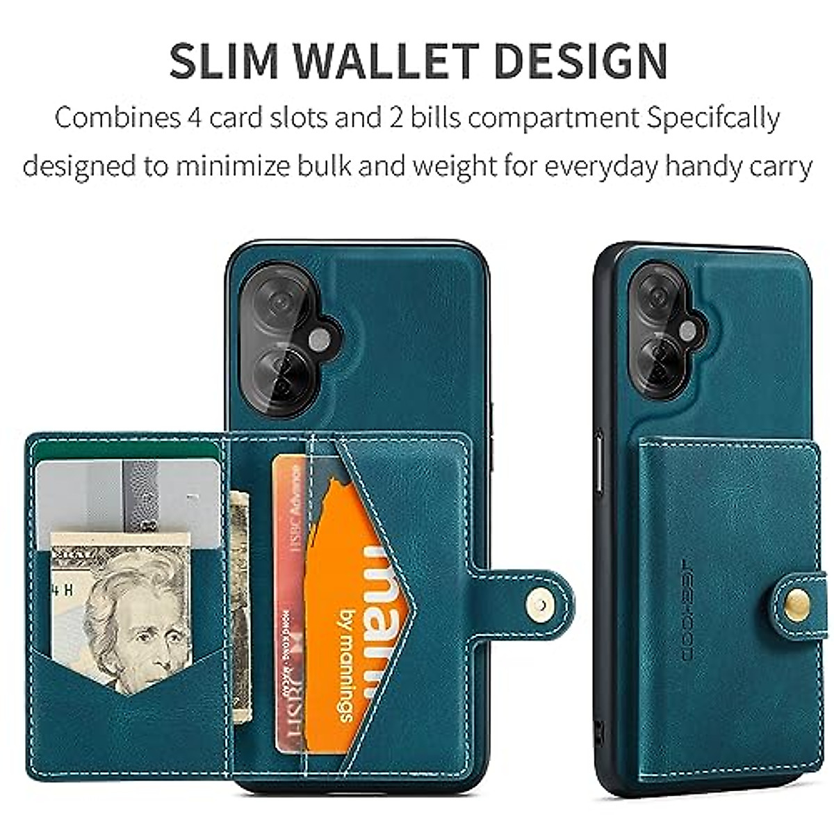 Hongxinyu Case for OnePlus Nord N30 5G / Nord CE 3 Lite 5G, Detachable Magnetic Wallet Card Cash Slot Case Cover Support Wireless Charging Functional Kickstand (Teal)