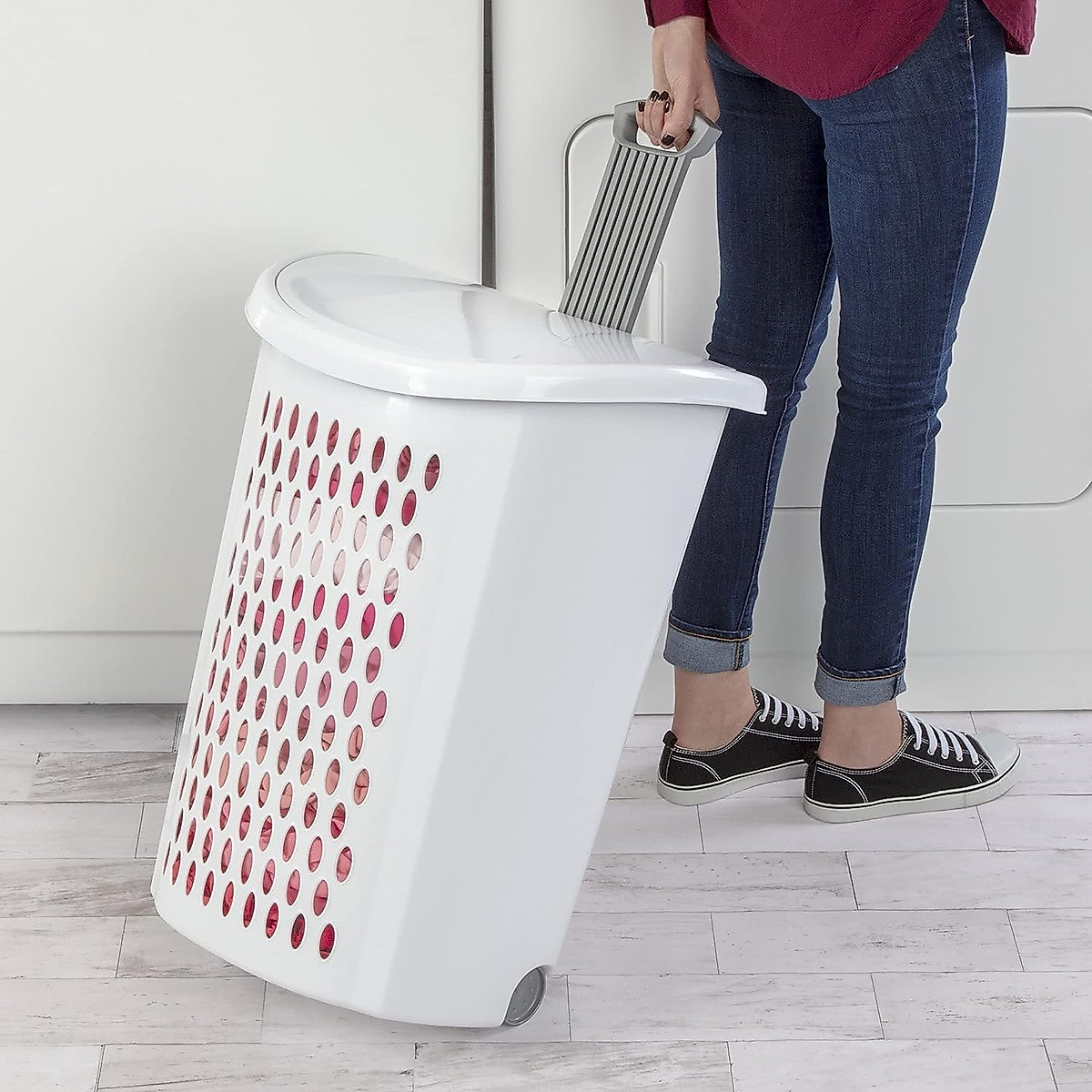 JjoiAs 135 Liter Ultra Wheeled Design Clothes Laundry Basket, Mind Reader Basket Collection，20 1/8" x 15 3/8" x 26 3/4" Capacity, Laundry Hamper White Lid & Base w/Plastic Handle & Wheels