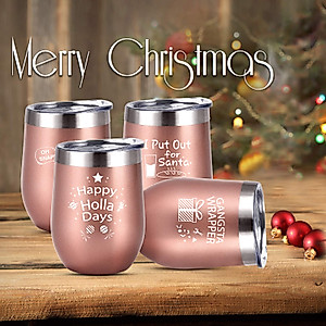 Christmas Stemless Wine Tumbler Set of 4, Funny Christmas Gifts for Women Wine Lovers Mom Sister Best Friends, Housewarming Gifts, Insulated Stainless Steel Wine Tumbler with lid(12oz, Rose Gold)