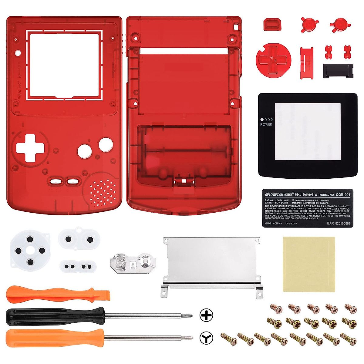 IPS Ready Upgraded eXtremeRate Clear Red Replacement Shell Full Housing & Black Screen Lens for Gameboy Color – Fit for GBC OSD IPS & Regular IPS & Standard LCD – Console & IPS Screen Without
