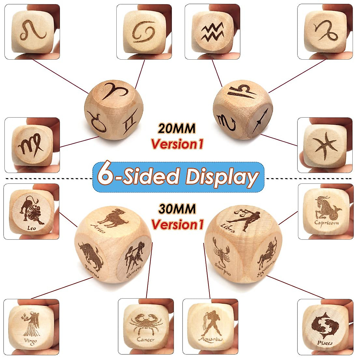Hometu 2 Pairs/Set Zodiac Constellation Dice Set - 2Pcs 20MM + 2Pcs 30MM Engraved Wooden Astrological Dices for Divination Accessory (V1(20MM)+V1(30MM)), Wood