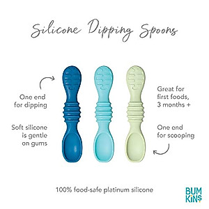 Bumkins Baby Utensil Set, Silicone Trainer Spoons for Dipping, Soft Tip, Self-Feeding, Chew, Baby Led Weaning, First Year Training Supplies, Essentials in Learning Eating, 4 Mos, 3-pk Blue and Green
