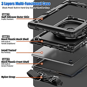 VetvonSamsung Galaxy Tab A8 10.5 Case (SM-X200/X205/X207)-Heavy Duty Protection Shockproof Case,360°Rotating Hand Stand with Pencil Holder Adjustable Shoulder Strap for Galaxy tab A8 Case-Black