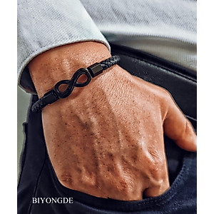 BIYONGDE Black Braided Leather Bangle Bracelet, Black Steel Friendship Infinity Love Knot Number 8, Mens Womens