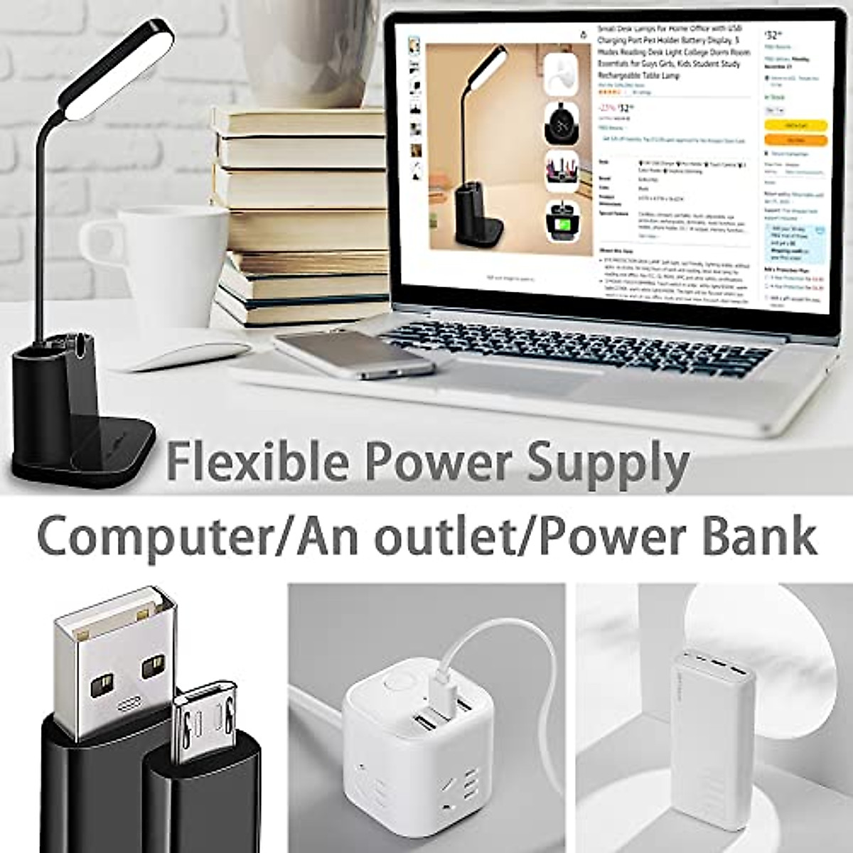 Small Desk Lamps for Home Office with USB Charging Port Pen Holder Battery Display, 3 Modes Reading Desk Light College Dorm Room Essentials for Guys Girls, Kids Student Study Rechargeable Table Lamp