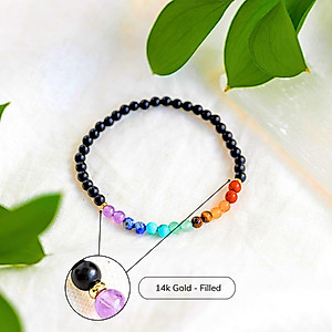 Azenway Charged Healing Crystal Bracelet - Natural 4mm Gemstones with 14k Gold Filled Bead, Stretch Cord - Semi-Precious Jewelry for Women & Men (7 Chakra Black Onyx, Medium)