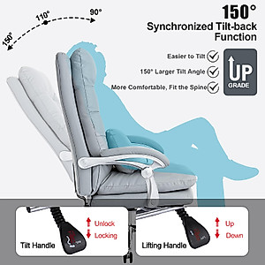 BOWTHY Office Chair with Foot Rest - High Back Executive Chair with Padded Linkage Armrests, Reclining Desk Chair with Wheels, Comfy Chair with Double Thick Cushion (Gray)