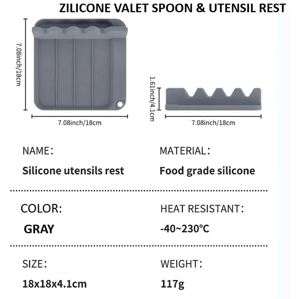 Zilicone Valet Silicone Spoon Rest with Drip Pad - 4 Slotted Spoon Rest for Kitchen Utensils, Tongs, Ladles - Heat Resistant Spoon Holder for Stove Top, Countertops, & Tables (Gray, 1)