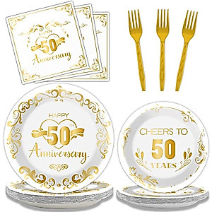 96 Pcs 50th Anniversary Tableware Set Wedding Party Supplies 50 years Anniversary Dinnerware Disposable Golden Plates Napkins Fork Fifty Anniversary Party Decorations Birthday Tableware for 24 Guests