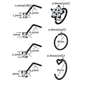 Vsnnsns 18G Nose Rings for Women Surgical Steel Nose Rings Hoops L Shaped Nose Studs Nose Hoop Rings 1.5mm 2mm 2.5mm 3mm Diamond CZ Nose Ring Nose Piercing Jewelry Black 20Pcs