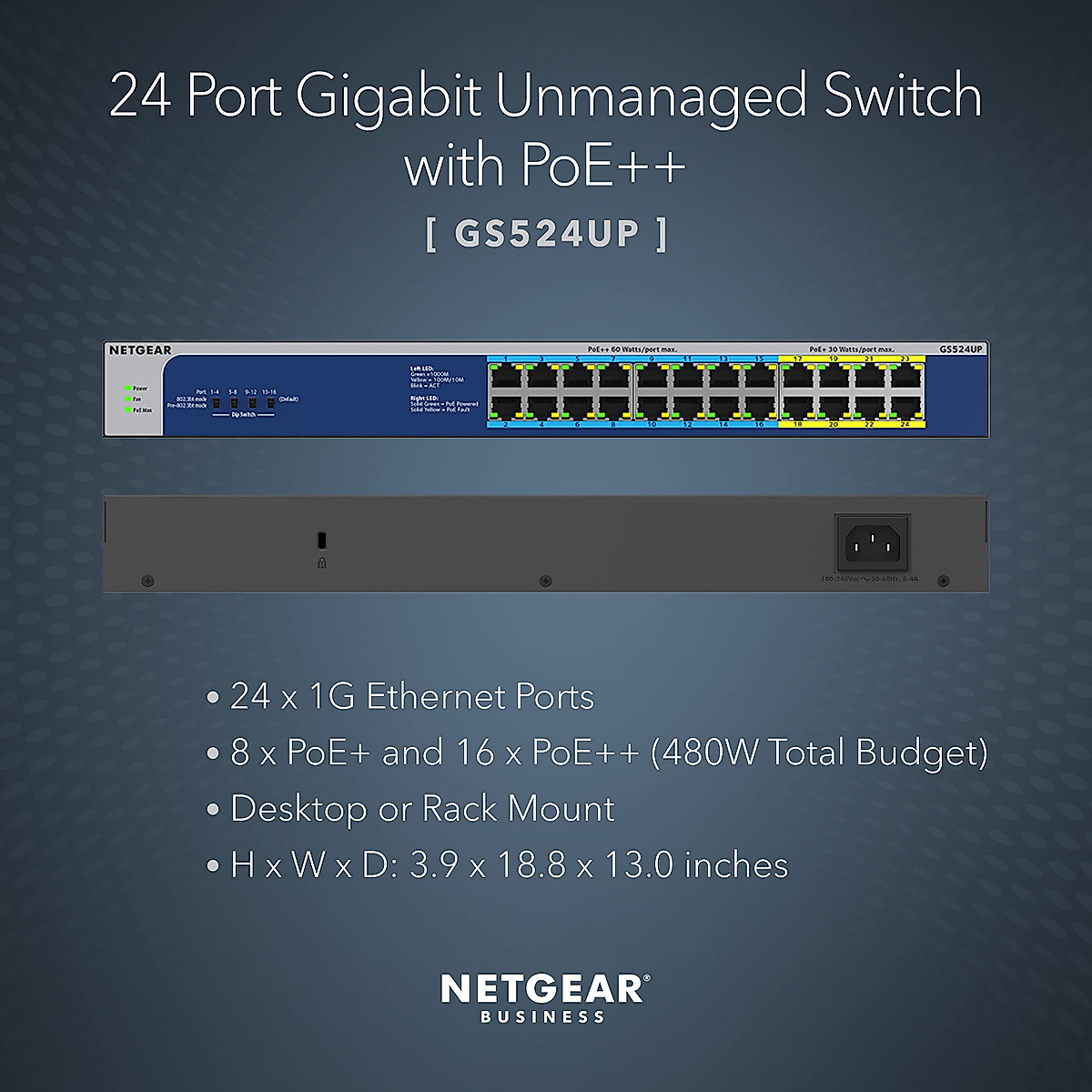 NETGEAR 24-Port Gigabit Ethernet Unmanaged PoE Switch (GS524UP) - with 8 x PoE+ and 16 x Ultra60 PoE++ @ 480W, Desktop or Rackmount, and Limited Lifetime Protection
