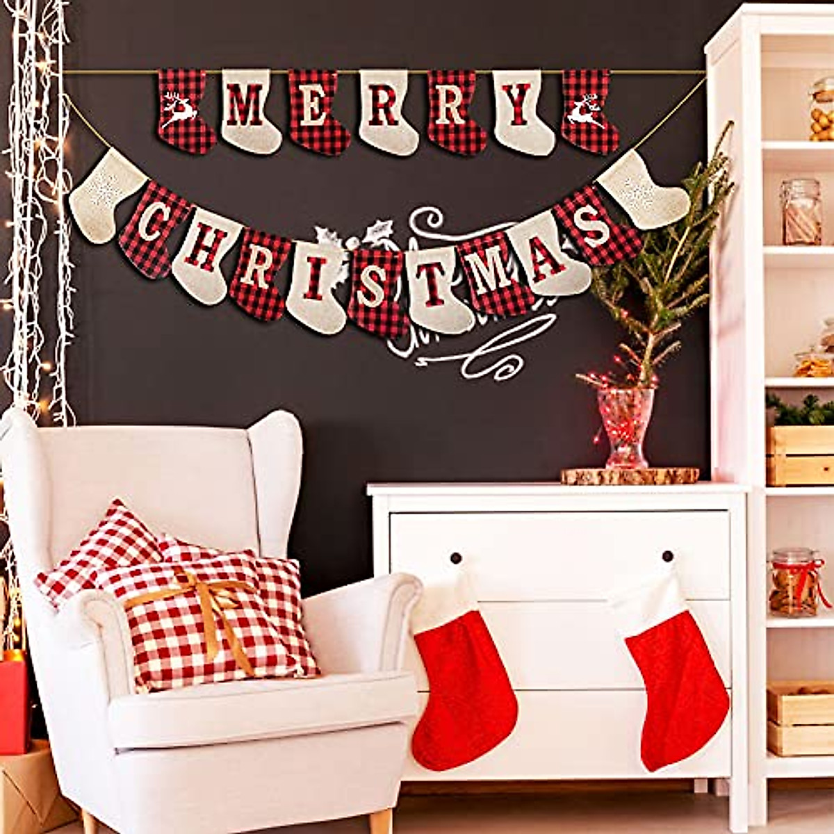 O-heart Merry Christmas Banner, Burlap Stockings Plaid Christmas Decorations, Merry Christmas Sign for Mantel Fireplace Christmas Tree Farmhouse Hanging Decoration Christmas Door Decorations