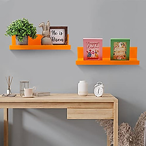 Namalu 4 Pcs Acrylic Floating Shelves 15" Wall Mounted Floating Bookshelf for Kids Room Orange Display Ledge Wall Shelves for Bathroom Bedroom Living Room Kitchen Organizer