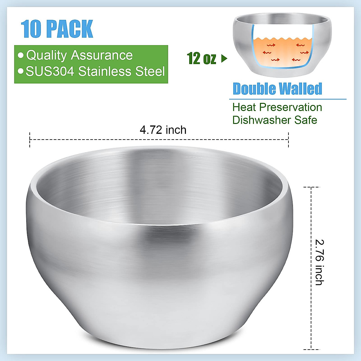 Tessco 10 Pcs 12 oz Stainless Steel (304) Bowls Matte Double Walled Bowl Kids Toddler Ice Cream Bowls for Serving Food Snacks Feeding Hot Soup, Dishwasher Safe